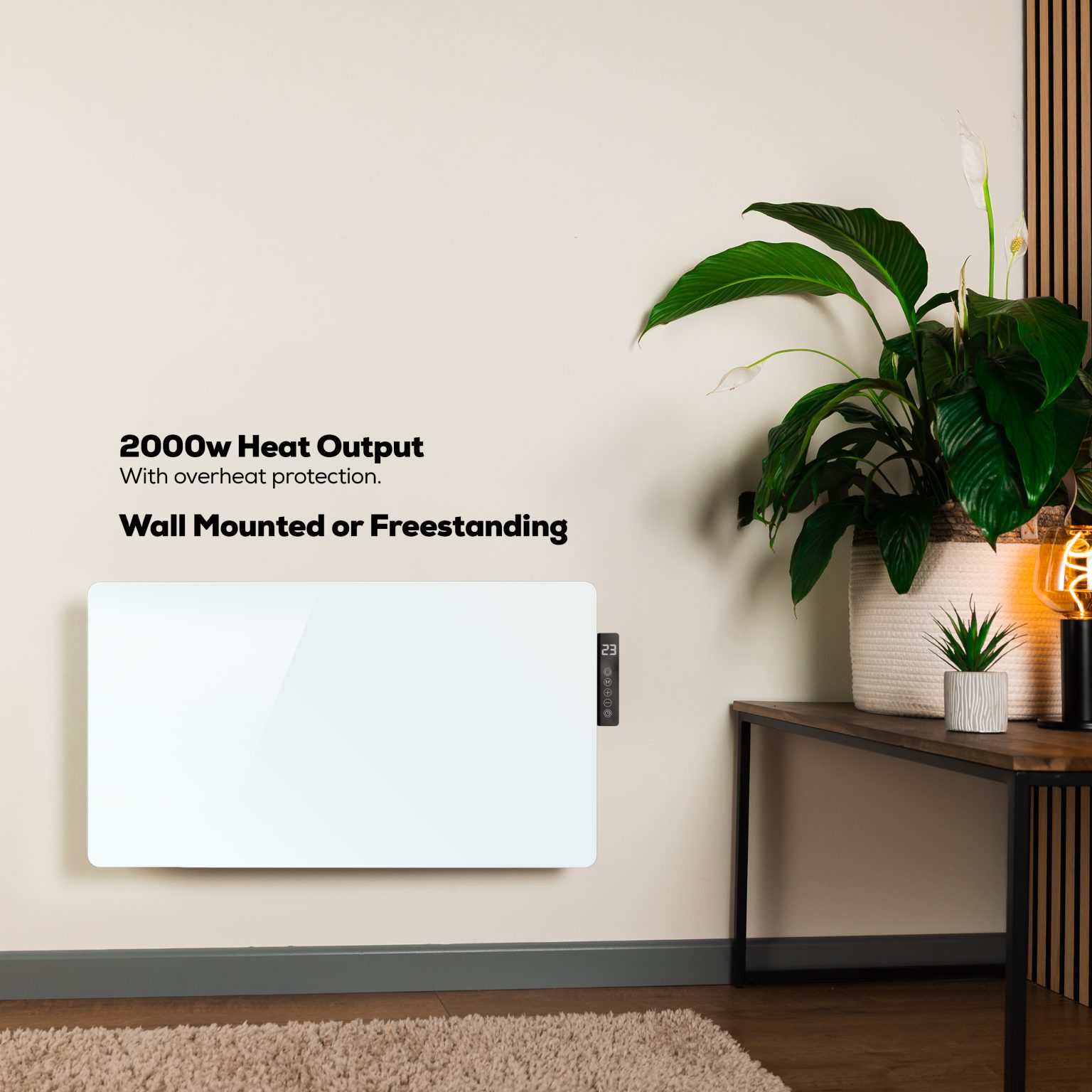 TCP White 2000W Glass Heater With Side Control Panel | TCP